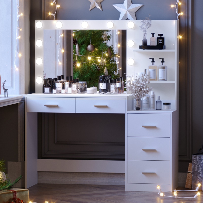 Kimberely 46.7" Vanity Table with Side Storage Shelf u0026 5 Drawers, 3 ...