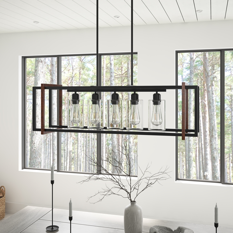 Sandra 5 - Light Kitchen Glass Shade Metal Frame Island Linear Pendant ...