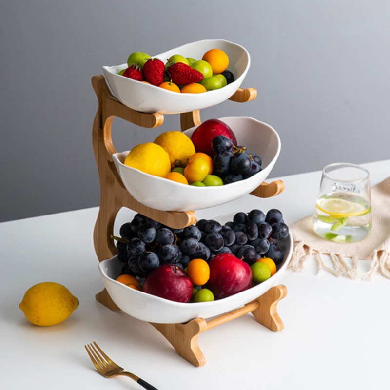 Centrella 3-Tier Countertop Freestanding Ceramic Fruit Bowl W/ Bamboo ...