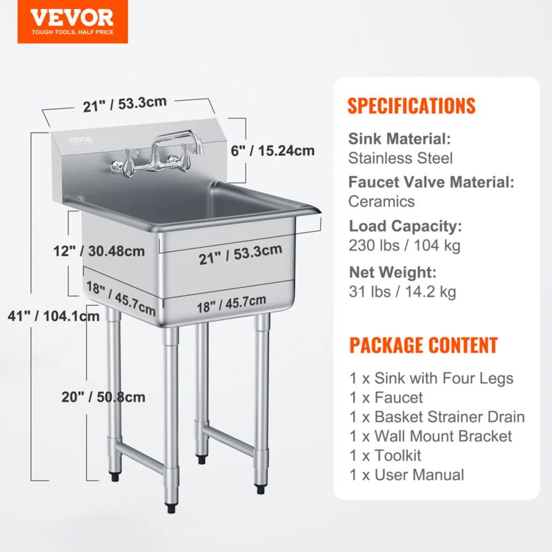 VEVOR 21'' L x 18'' W Silver Free Standing Service Sink with Faucet | Foter