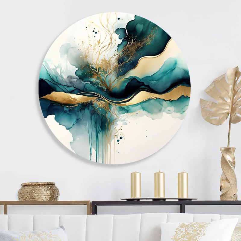 Lockard " Teal And Gold Abstract Expression III " on Metal Circle | Foter