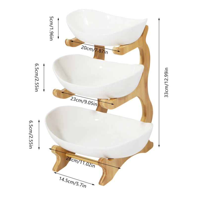 Centrella 3-Tier Countertop Freestanding Ceramic Fruit Bowl W/ Bamboo ...